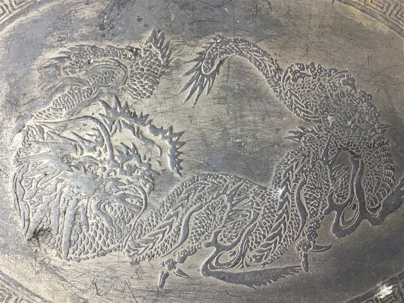 Vintage Chinese Dragon Oval Metal Trivet With Cork Legs - Etsy