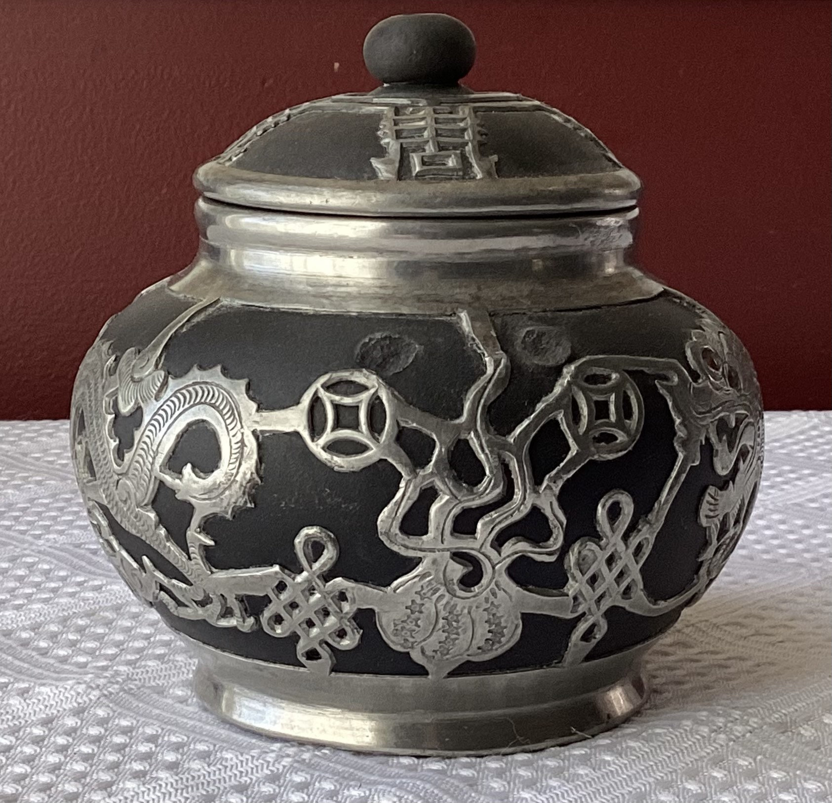Antique Chinese Dragon Jar/ Sugar Bowl/ Tung King Shun Ceramic & Pewter ...