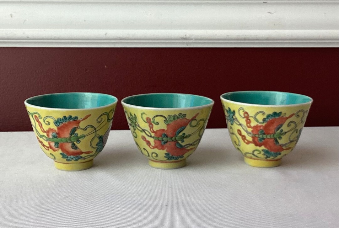 Set of 3 VTG Chinese Porcelain Famille Jaune/ Yellow Tea Cups ...