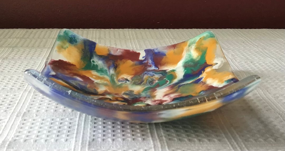 Vintage Greek Mixaha Polychrome Square-shaped Art Glass Bowl, 5 1/2”W ...