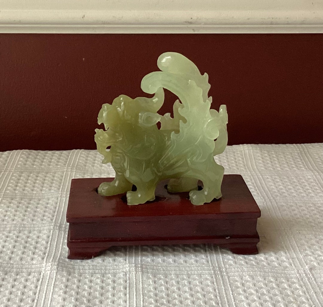 Vintage Chinese Carved Jade Mythical Beast Pixiu on Wooden Base, 3 1/4 ...