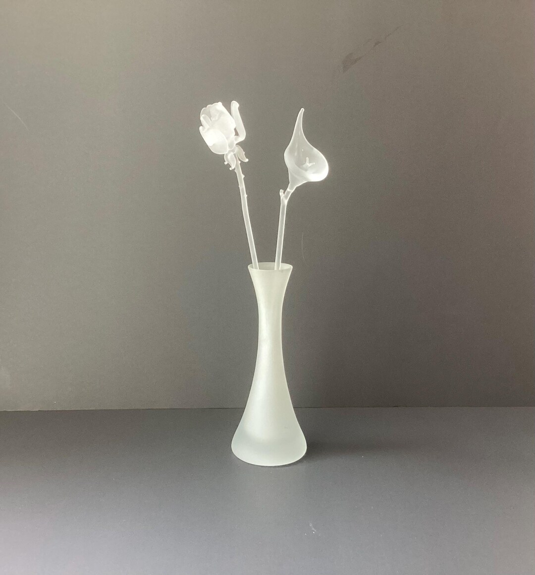 3 VTG Balos Handmade 7 Frosted Glass Vase With 2 Glass Flowers, Taiwan ...