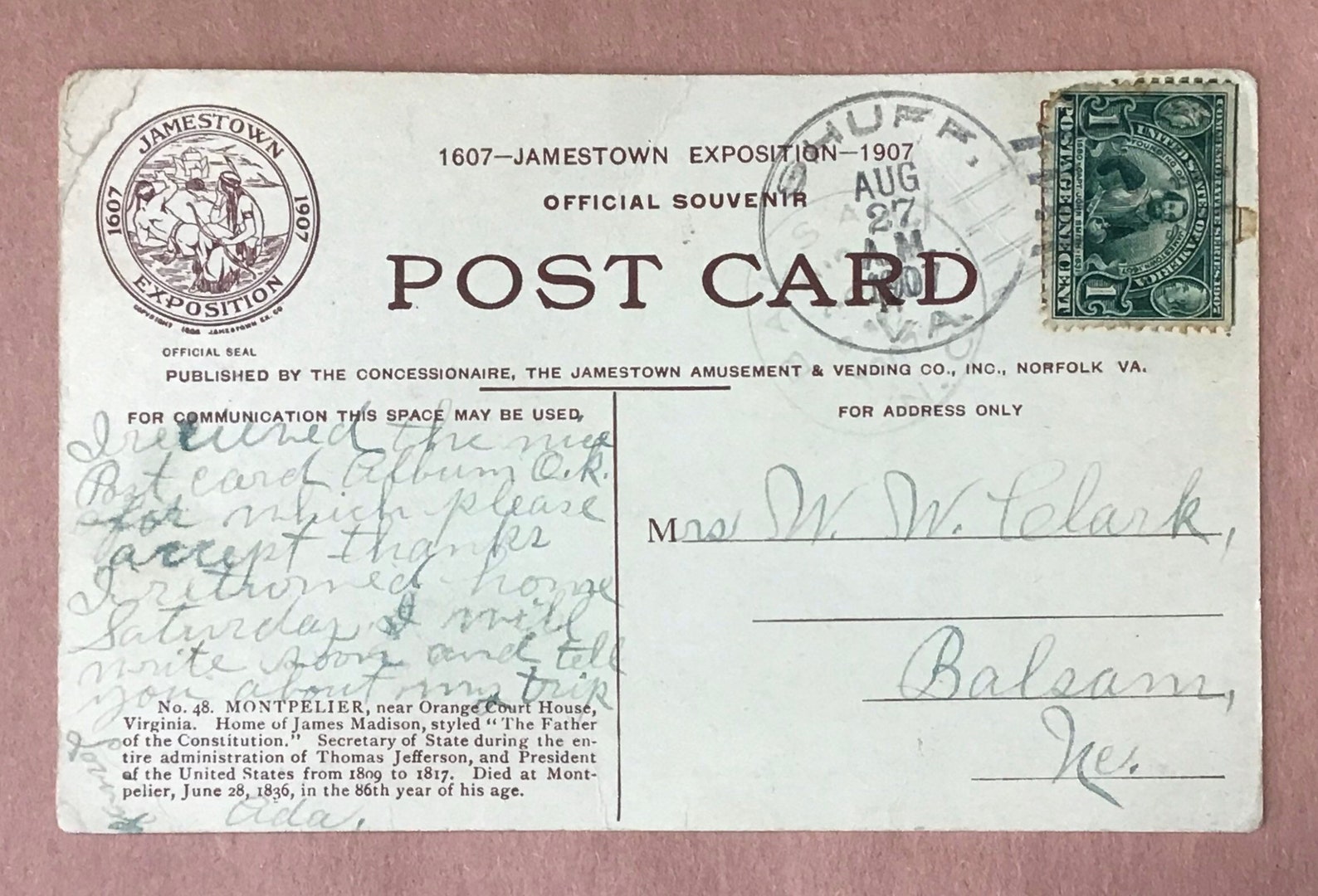 1907 United States 1 Cent Postage Stamp on Post Card - Etsy