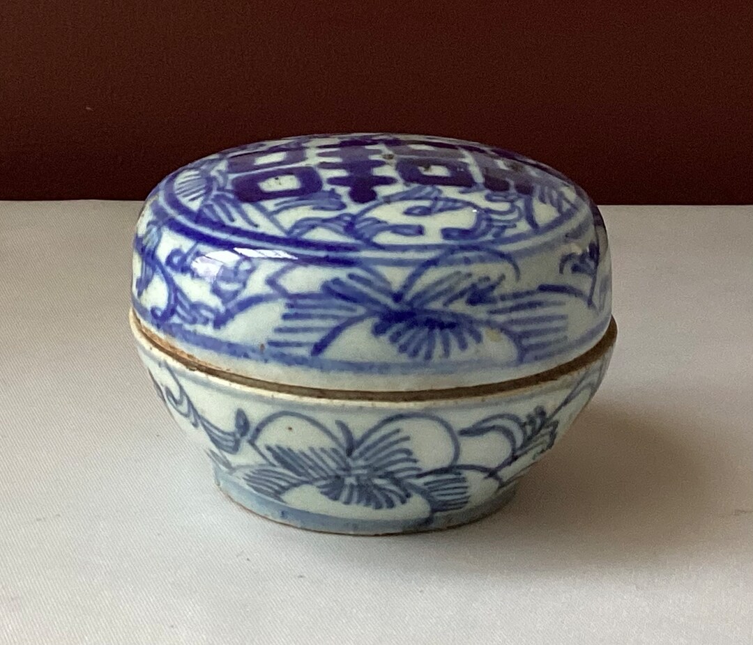 Antique Chinese Porcelain Seal Paste Box, Double Happiness, Blue ...