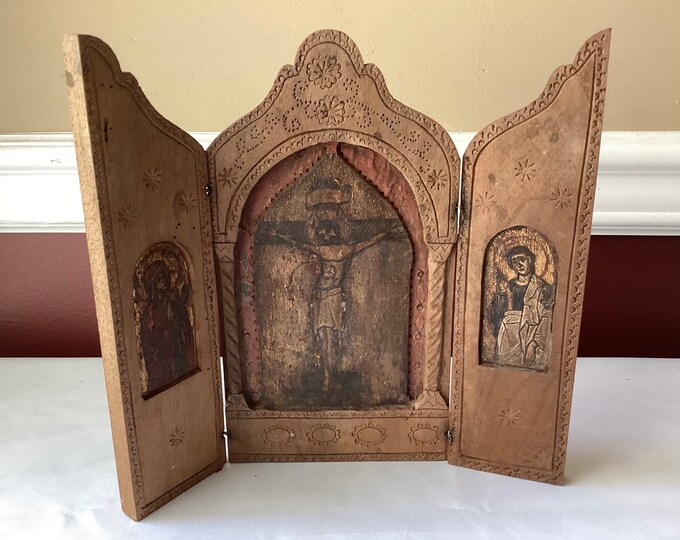 Antique Wood Triptych, Crucifixion of Jesus & Archangels/ Christian ...