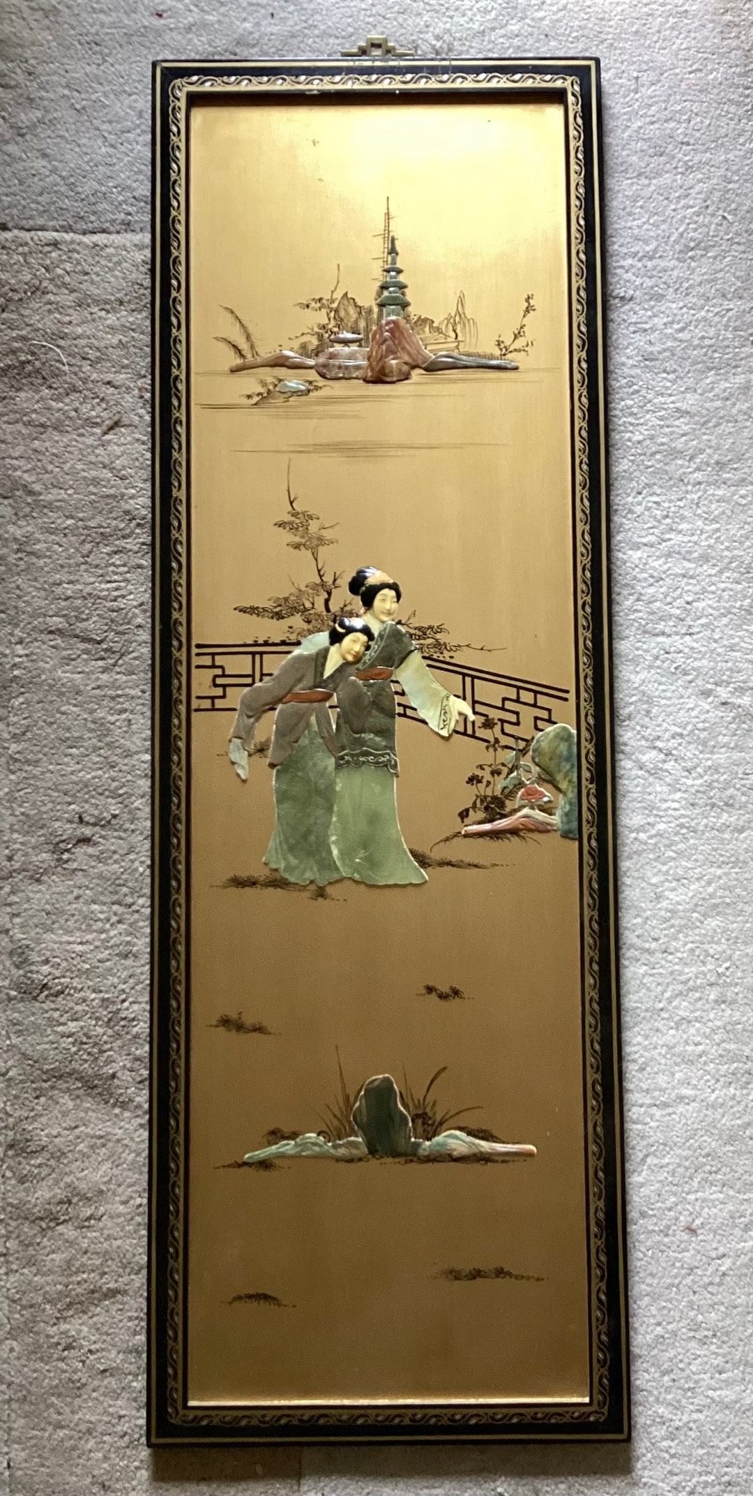 Vintage Chinese Art With Natural Stone on Wooden Panel, 36" X 12" - Etsy