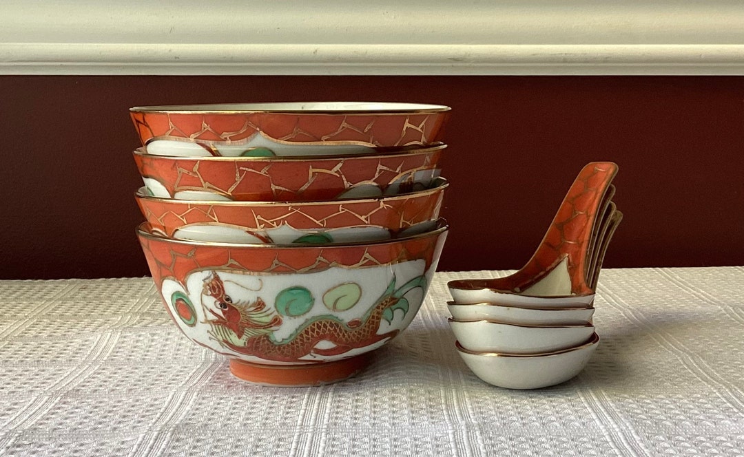 Set of 8-piece VTG P.C.T. Chinese Dragon Porcelain Rice Bowls (4 ...