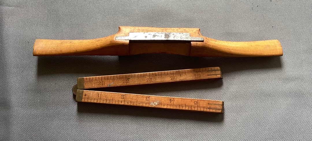 Antique Stanley Carpenter Folding Ruler & VTG Spoke Shave Tool Marked ...