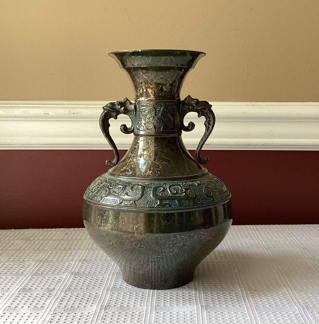 Vintage Chinese Brass Vase With Glassy Bronze Look Finish With Handles ...