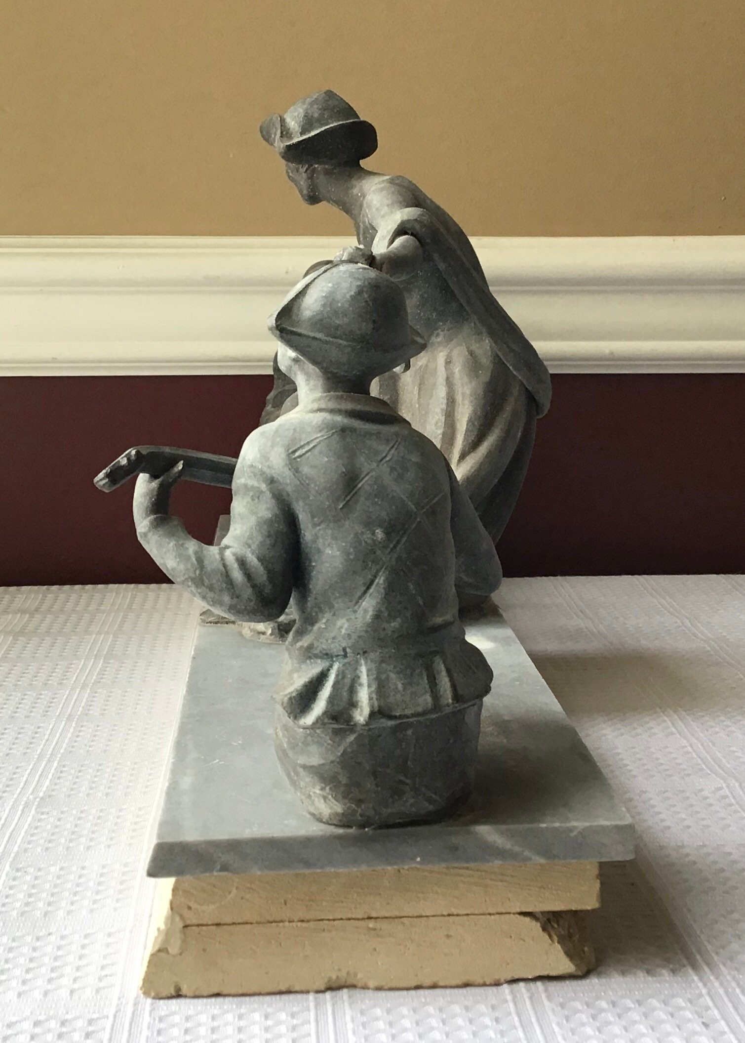 Antique Heavy French Metal Statue on Marble, Two Musicians and Lady ...