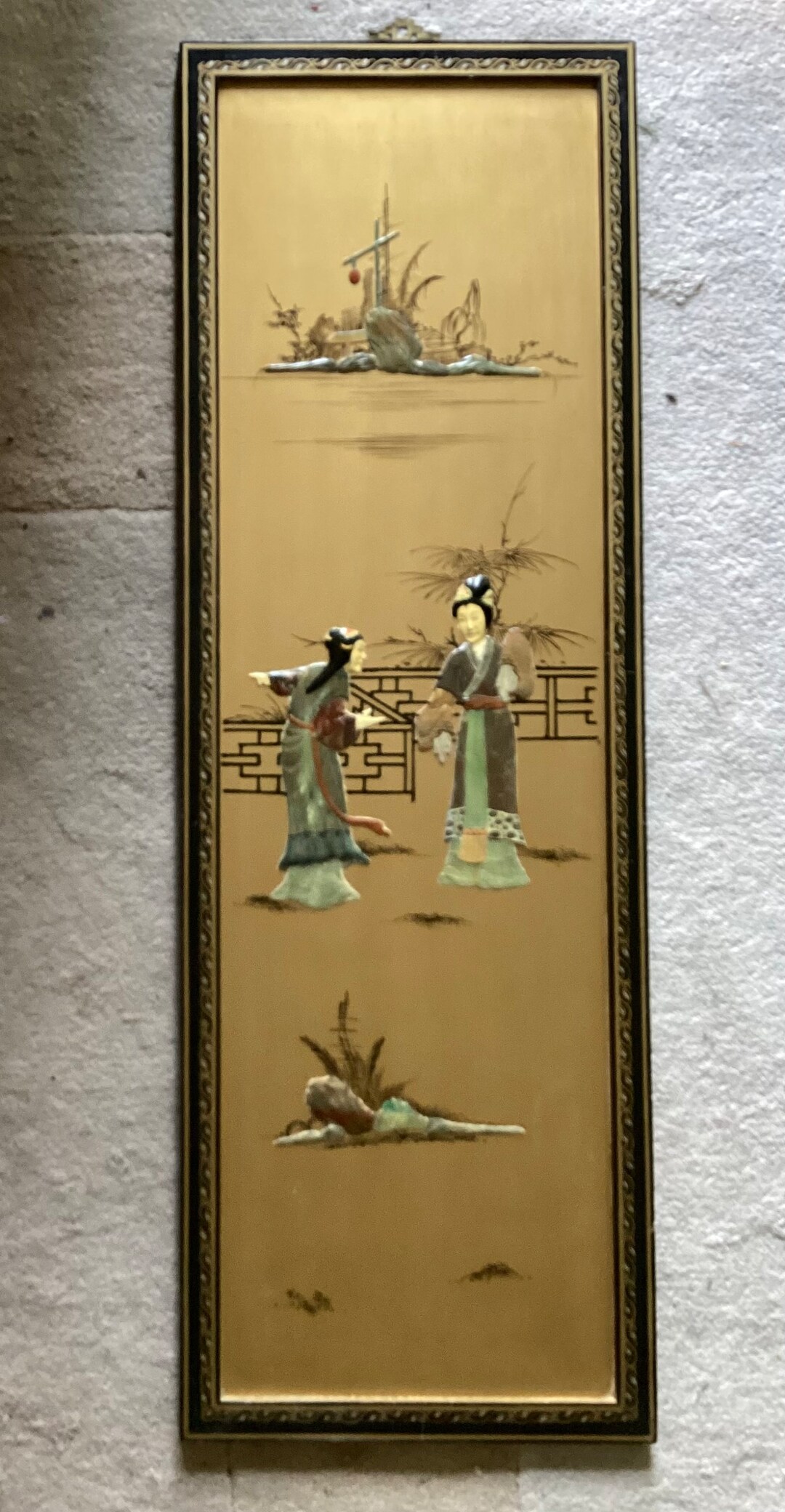 Vintage Chinese Art With Natural Stone on Wooden Panel, 36" X 12" - Etsy