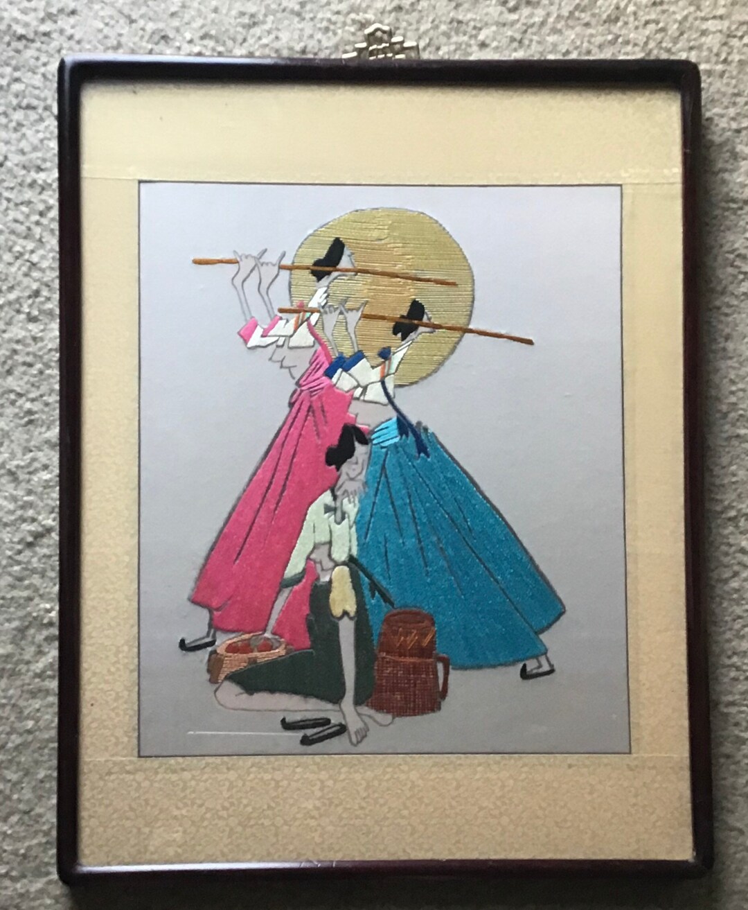 Vintage Chinese Needlepoint Art of Ladies Playing Flute & Drums ...