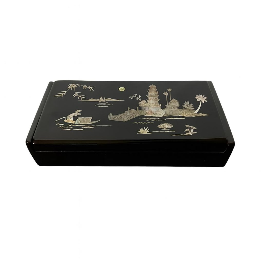 Vintage Vietnamese Lacquer Box, Mother-of-pearl Inlay Landscape, 8" L ...