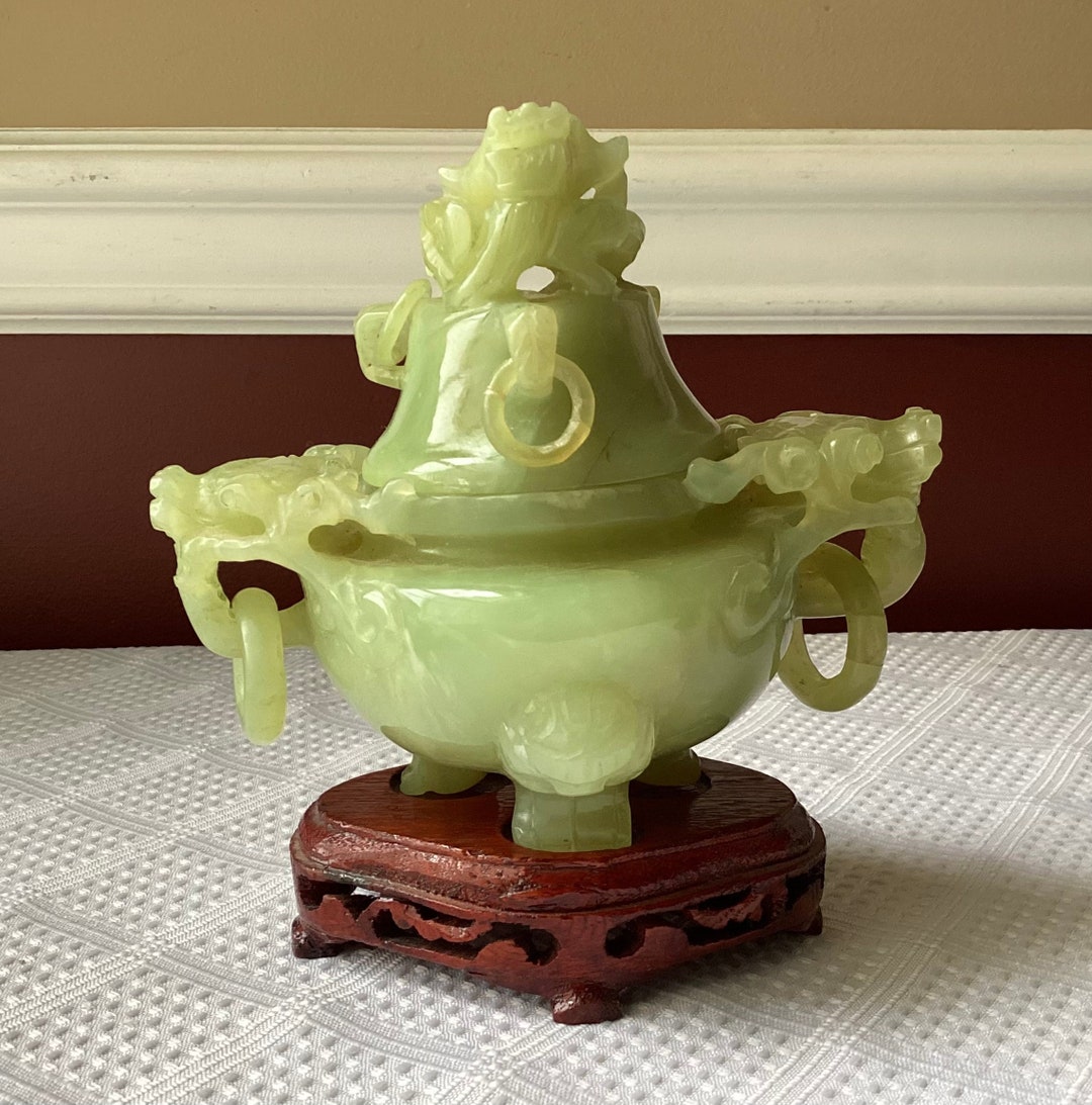 Vintage Chinese Jade Incense Burner With Wooden Base, 6 1/8” W X 5 1/4 ...