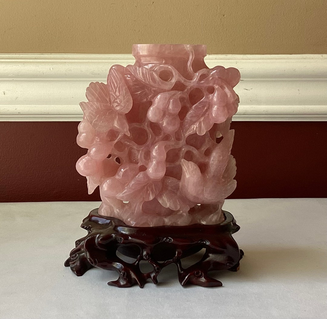 Vintage Chinese Rose Quartz Vase With Wooden Base, 5 1/2" Tall - Etsy