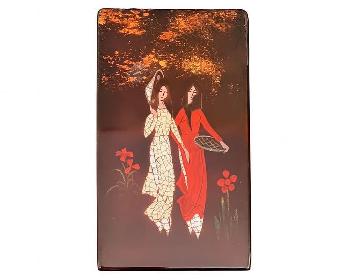 VTG Vietnamese Lacquer Box, Ao Dai Women & Autumn, 5"x 2.75" W (see ...