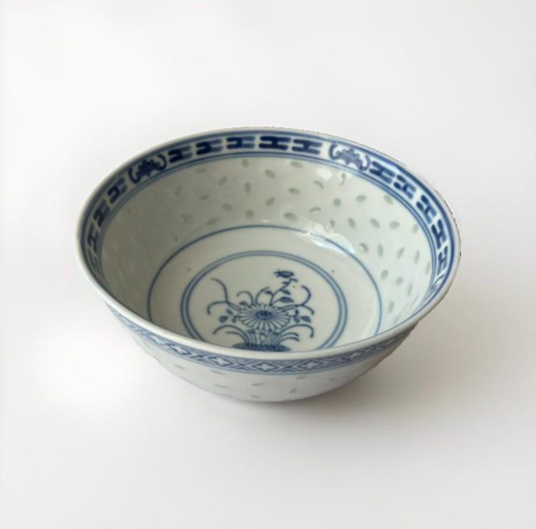 Vintage Chinese Blue & White Porcelain Rice Eye Rice Bowl, Marked, 4 1/ ...