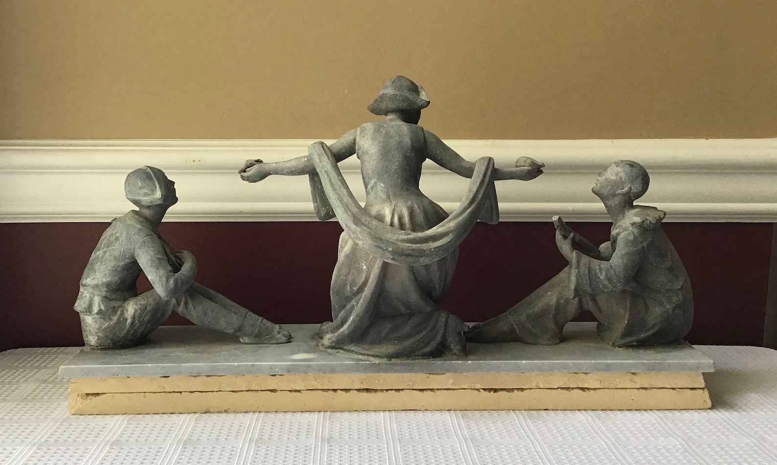 Antique Heavy French Metal Statue on Marble, Two Musicians and Lady ...