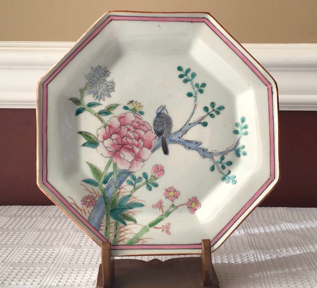 Antique Chinese Porcelain Plate, Bird in A Flowering Tree, 4 Character ...