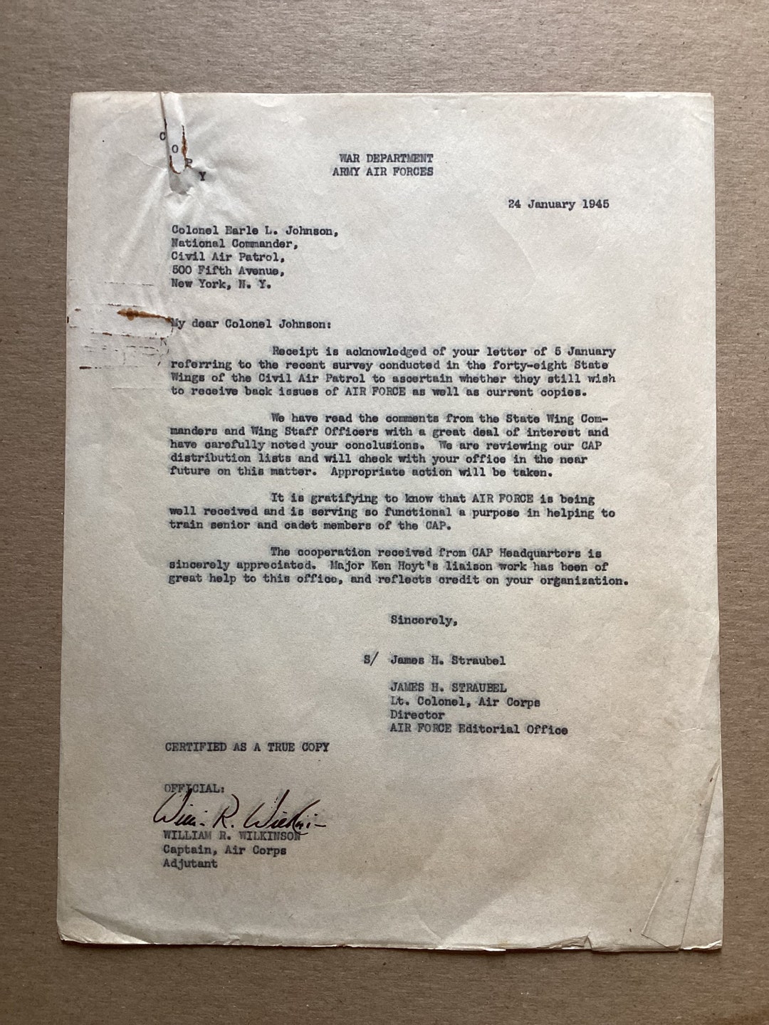 US War Depart. Army Air Forces Letter, 3 Cert True Copies/ Military ...