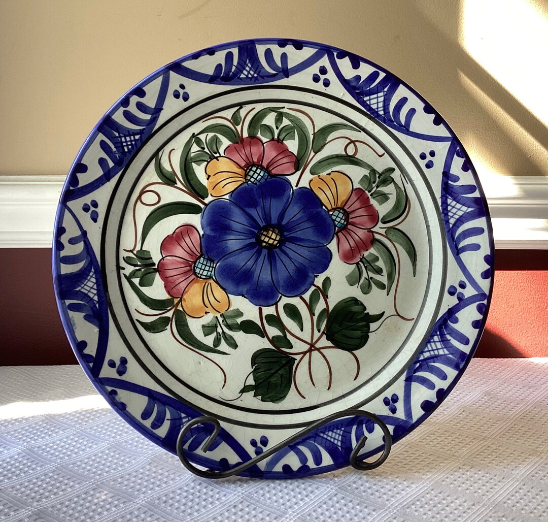 Vintage Hand Made Ceramic Wall Hanger Charger, Floral Design, 12 3/8” W ...