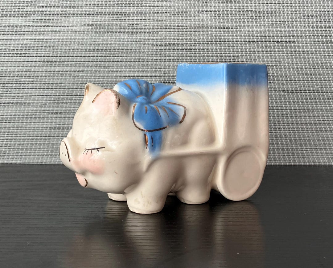Vintage Pig Planter – Ceramic Cart Design With Blue Bow & Blush Accents ...