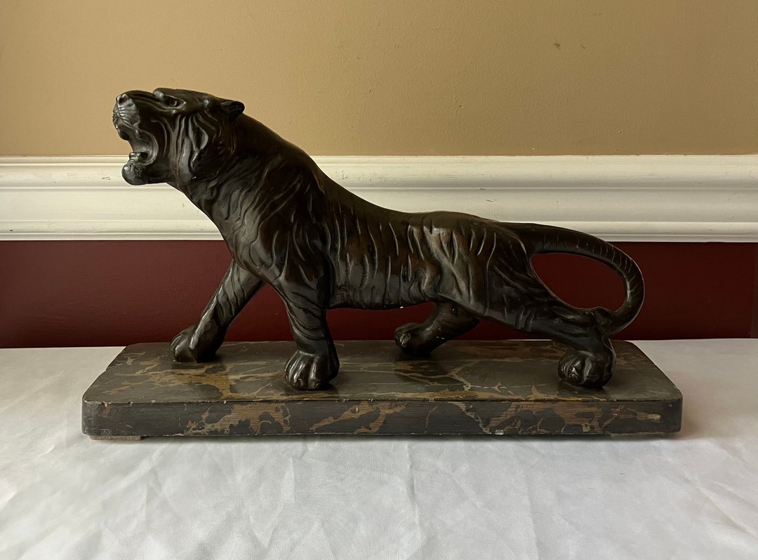 VTG Large Painted Chalkware Tiger Sculpture, 15 1/4" L, 9" T, Unmarked ...