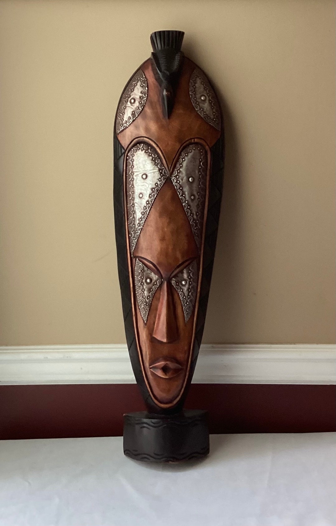 VTG African Ghanaian Wooden Mask With Metal Decoration, 29 1/2” T ...