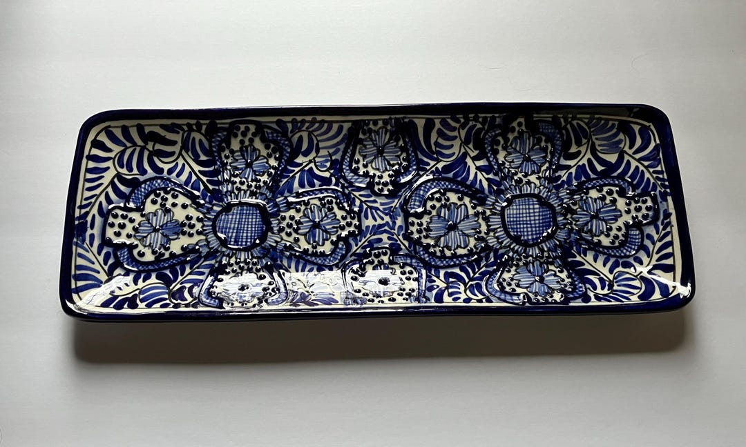 VTG Hand Made Mexican Blue & White Pottery Tray, 16.25" L X 6" W, Vari ...