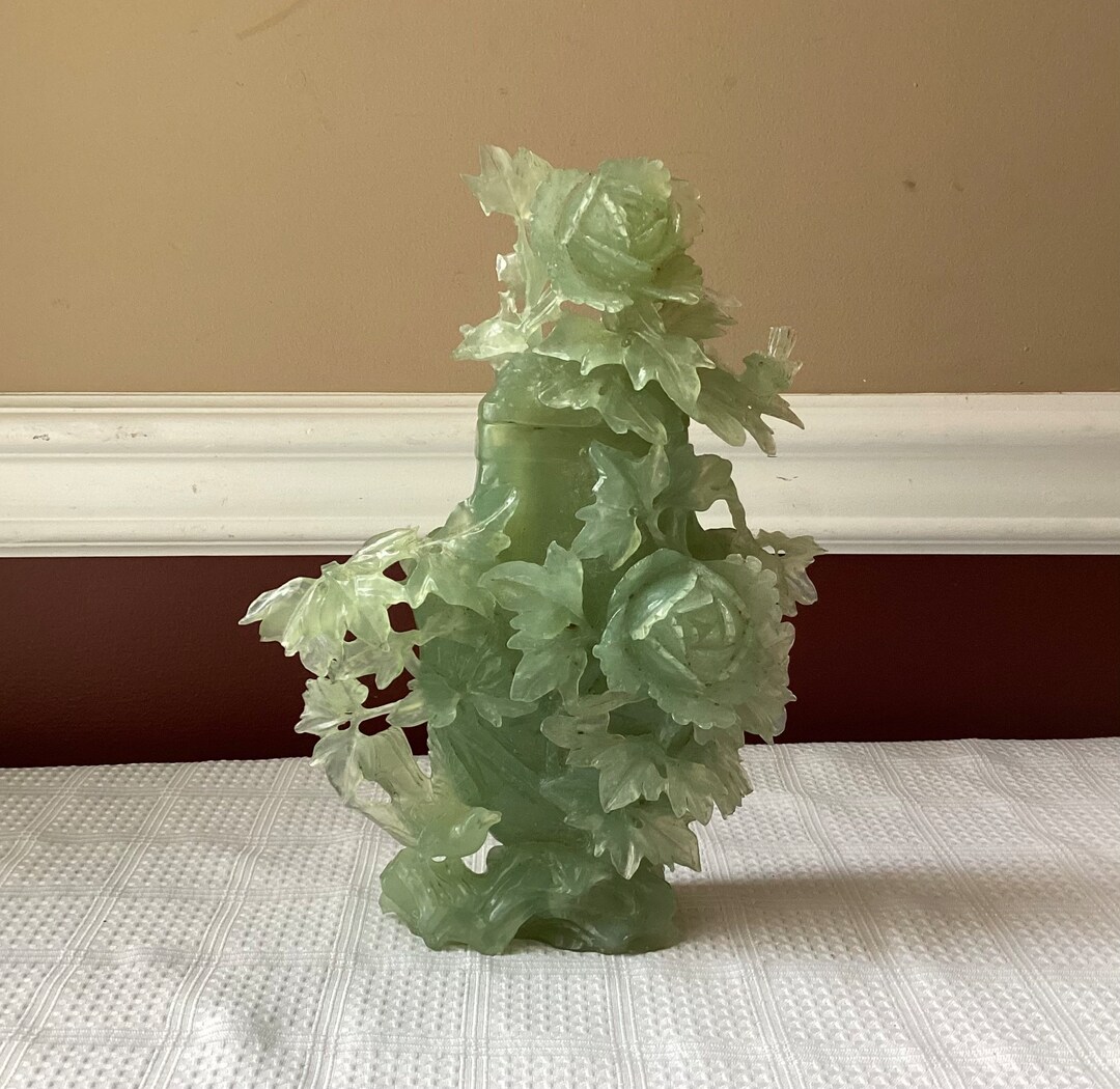 VTG Chinese Carved Natural 2-piece Jade Jar / Vessel With Jade Cover ...