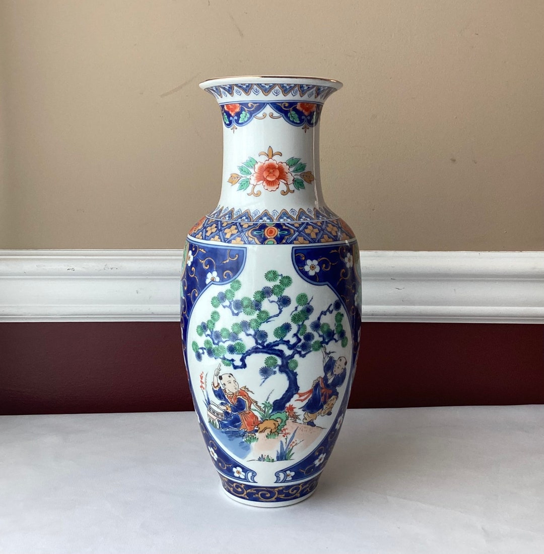 Vintage Japanese Porcelain Vase, Figures & Flowering Trees, 12" Tall ...