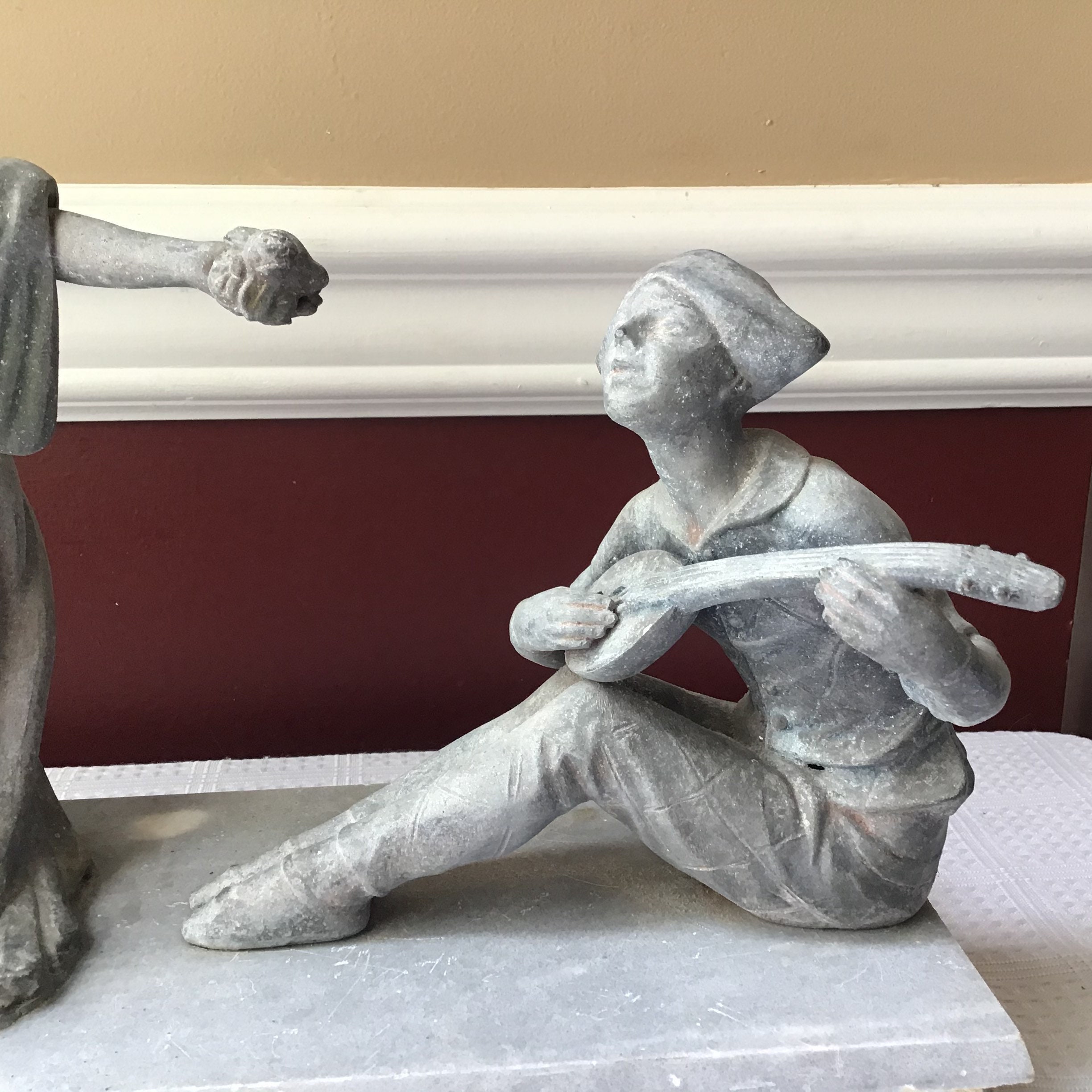 Antique Heavy French Metal Statue on Marble, Two Musicians and Lady ...