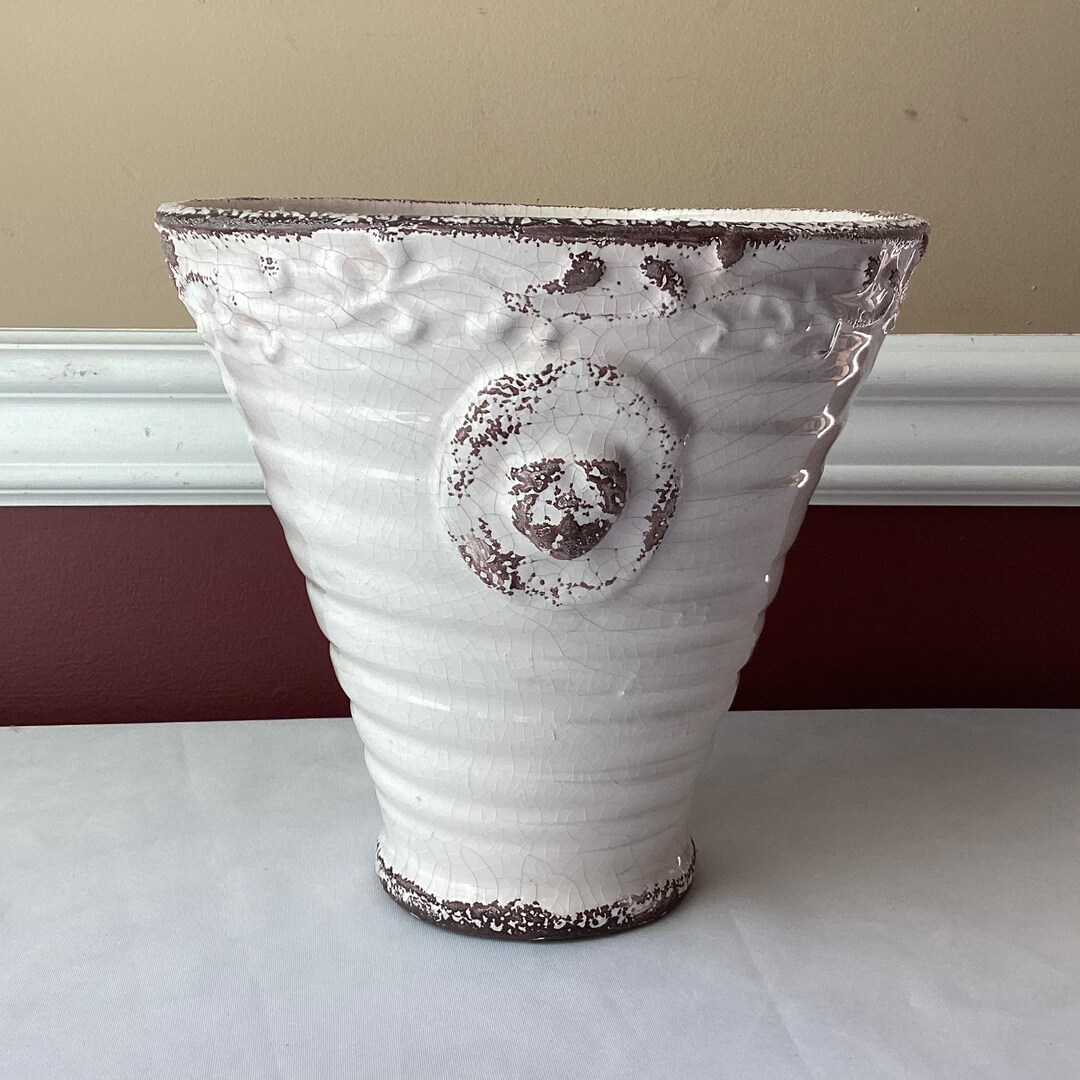 VTG MCM Clay Pottery Vase/ Planter, Unmarked, 8 5/8” W X 8 1/4” T, 4 ...