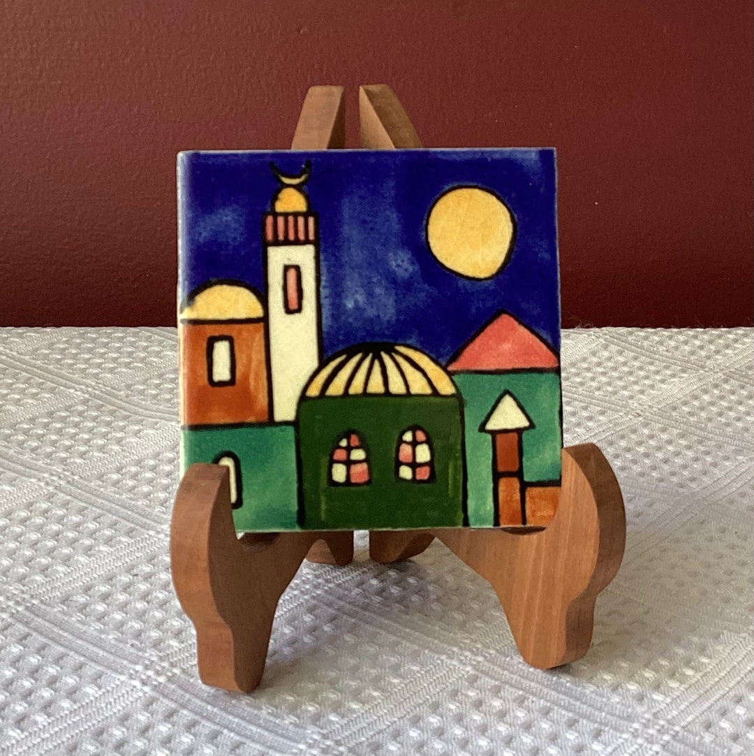 Vintage Islamic Hand Painted Ceramic Tile With Wooden Display Stand - Etsy