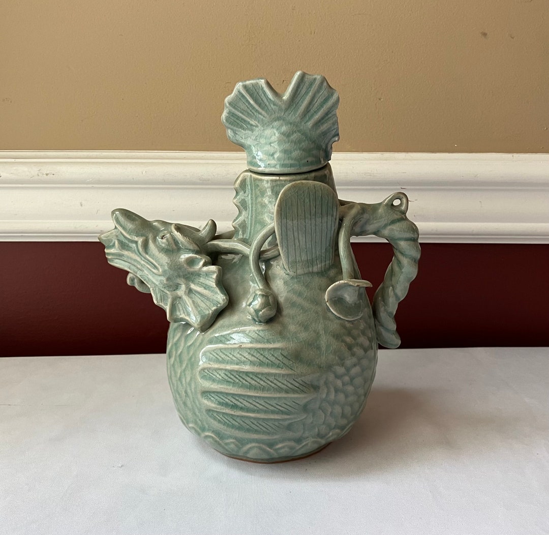 VTG Korean Celadon Porcelain Dragon Sake /teapot, Marked, 8 1/2 ...