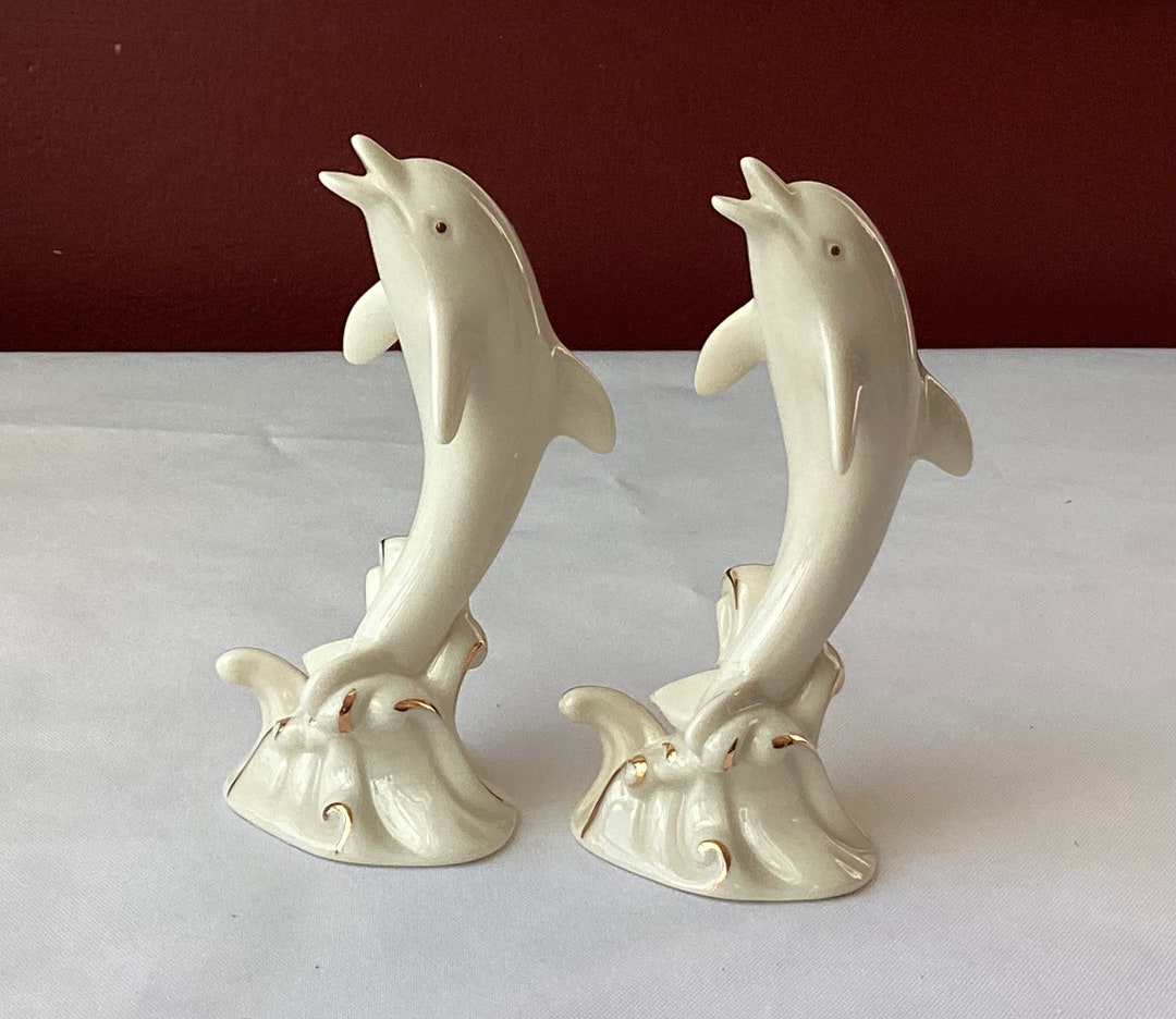 Pair of Vintage Lenox Porcelain Miniature Dolphin on a Wave Figurines ...