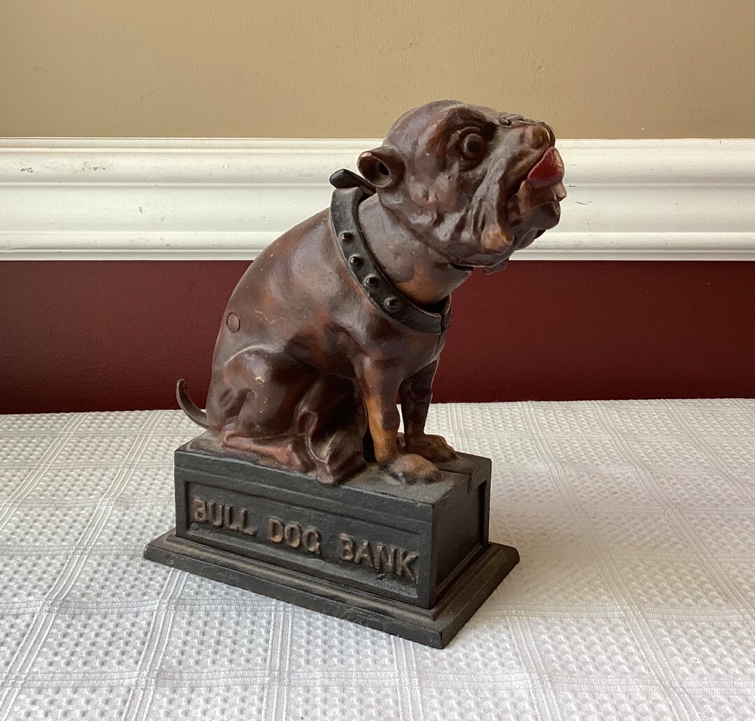 Vintage Cast Iron Bull Dog Coin Bank, First National Bank of Miami, 7.5 ...
