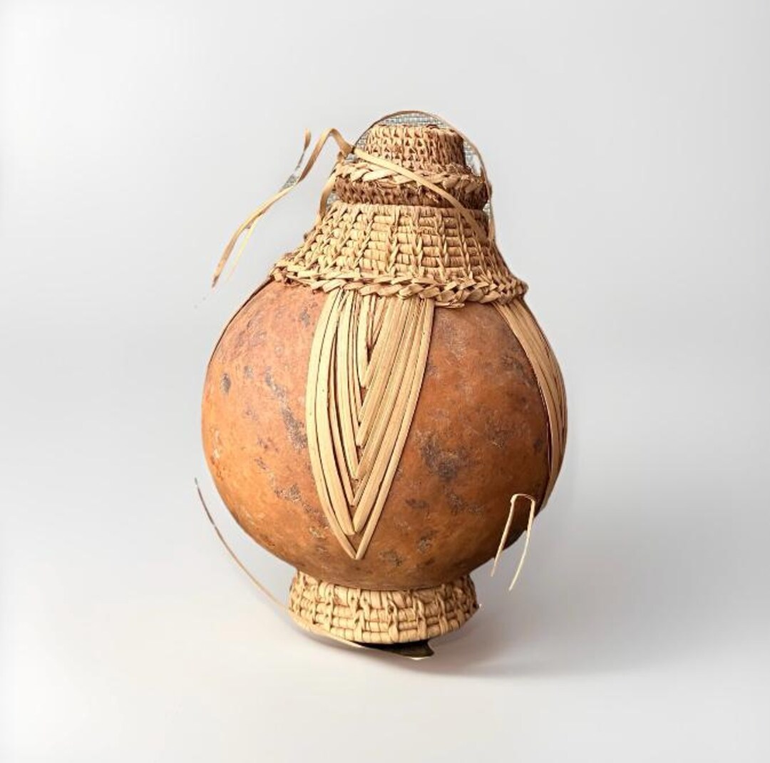 Vintage African Gourd Container With Raffia Weaving - Etsy