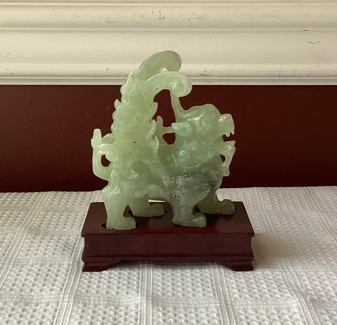 Vintage Chinese Carved Jade Mythical Beast Pixiu on Wooden Base, 4 1/4 ...