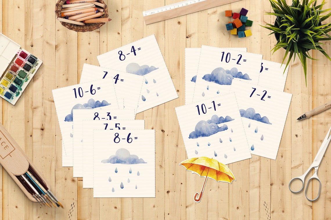 Rainy Day Numbers Math Game Subtraction Game Numbers - Etsy