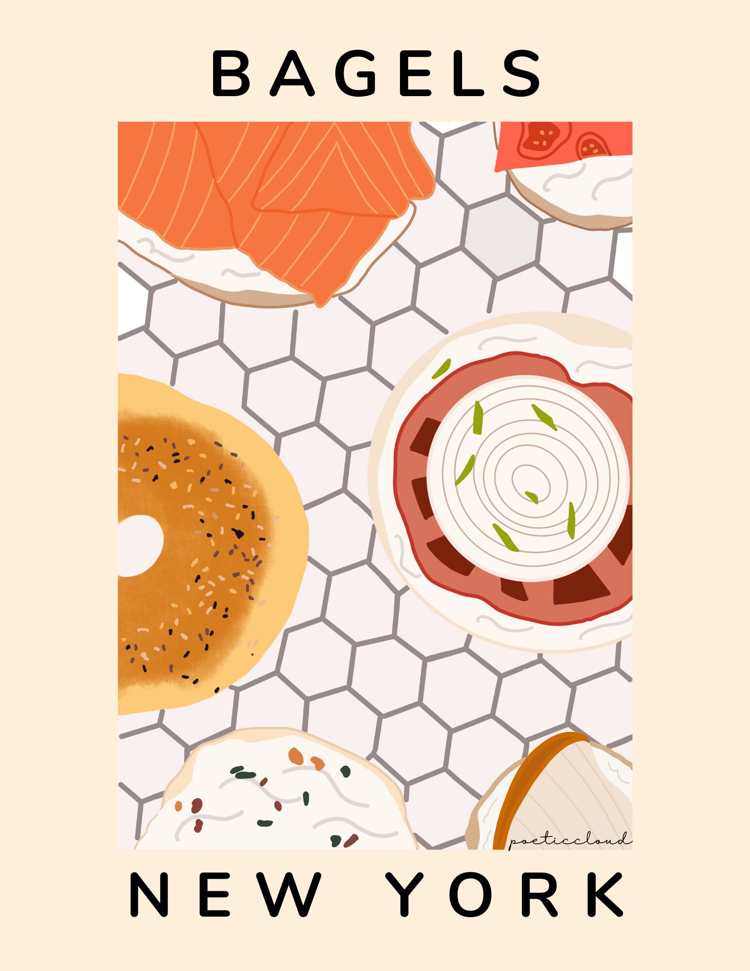 NYC Bagels Art Print NYC Bagel Digital Art Print Bagel With Lox ...