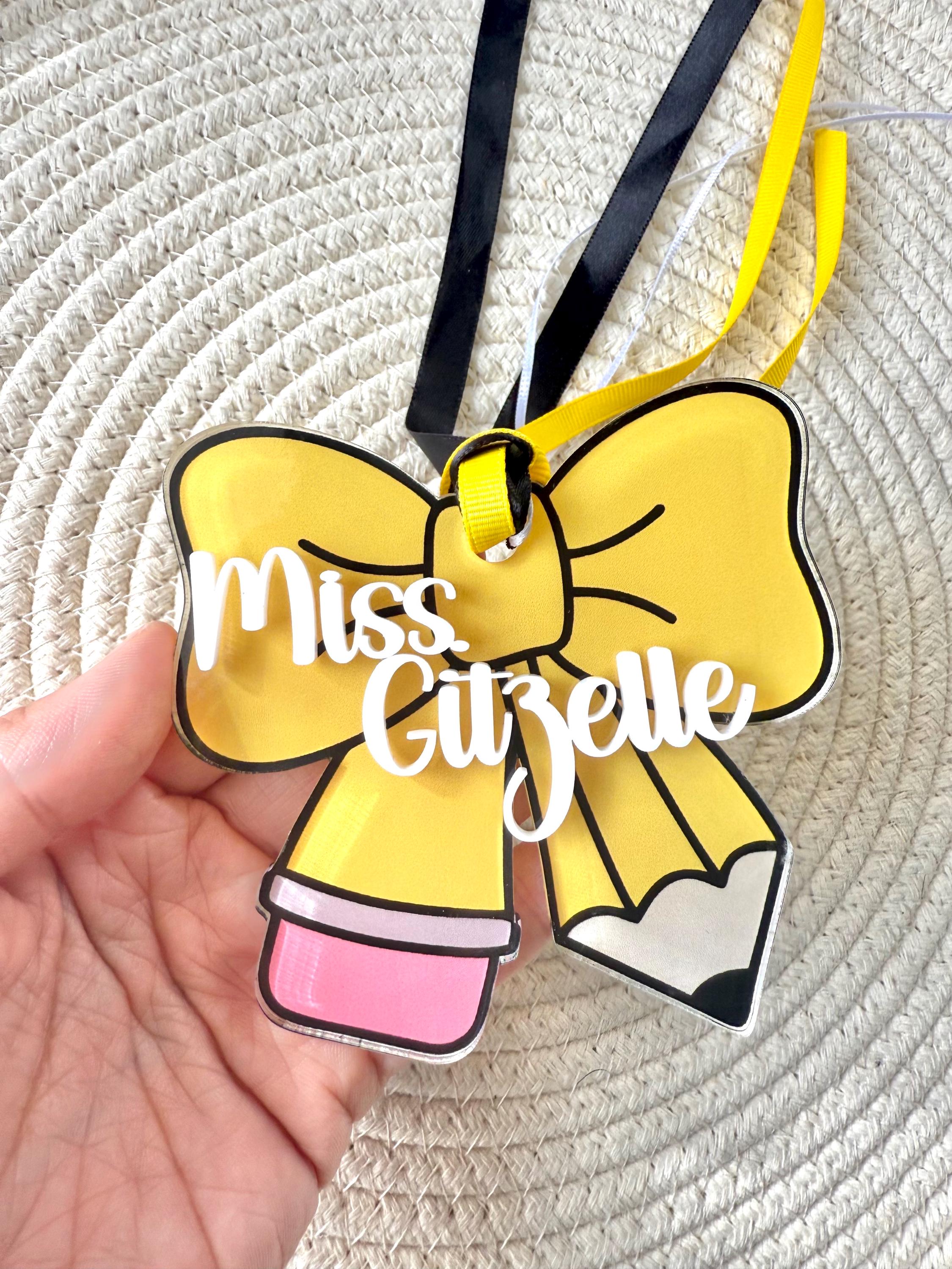 Personalized Acrylic Pencil Bow Tag – Custom Name Tag for Back to ...