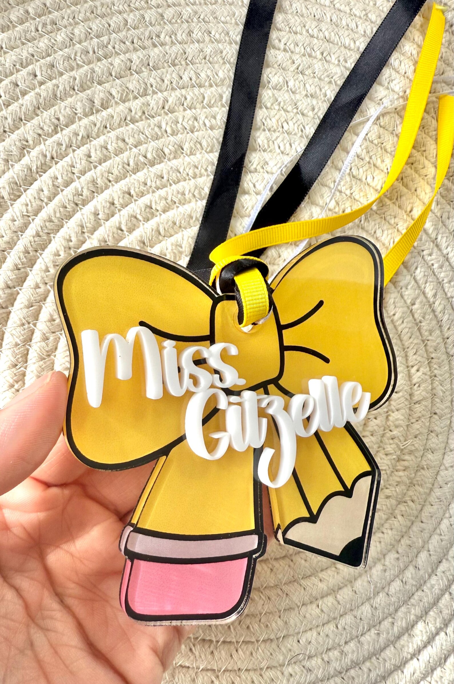 Personalized Acrylic Pencil Bow Tag – Custom Name Tag for Back to ...