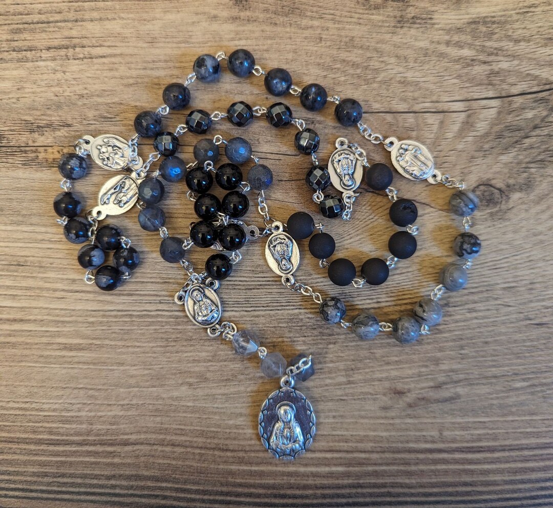 Seven Sorrows Rosary, Gray and Black Large Bead, Seven Sorrows ...