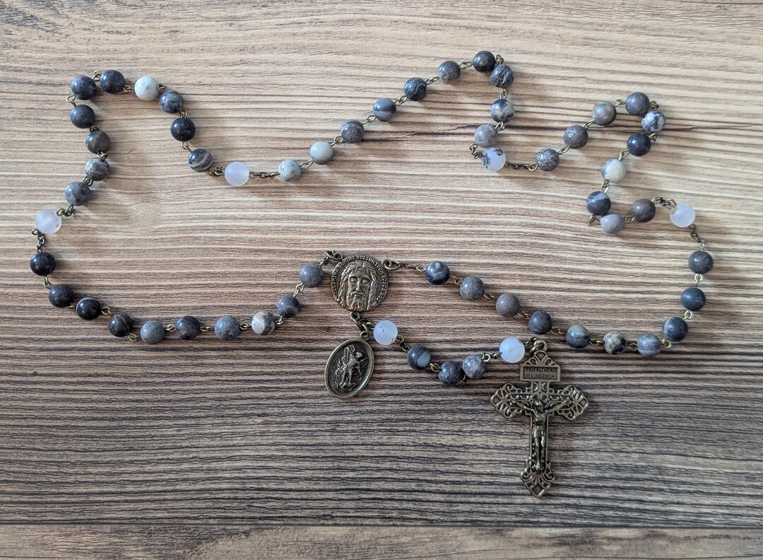 Holy Face of Jesus Rosary, Black Opal Gemstone, St. Michael, Catholic ...