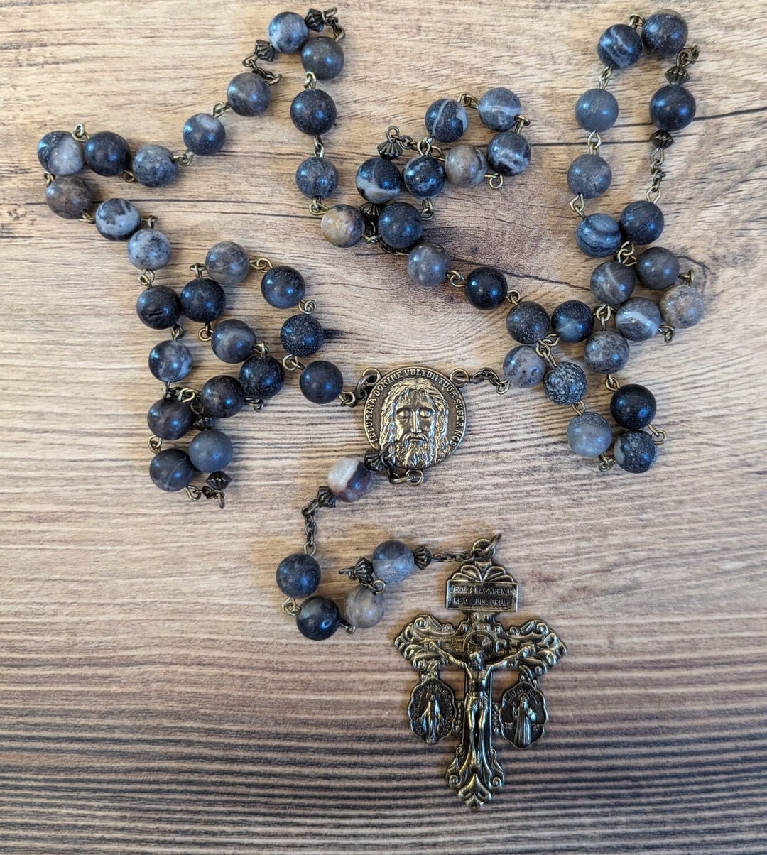 Black Opal Gemstone Holy Face of Jesus Rosary - Etsy