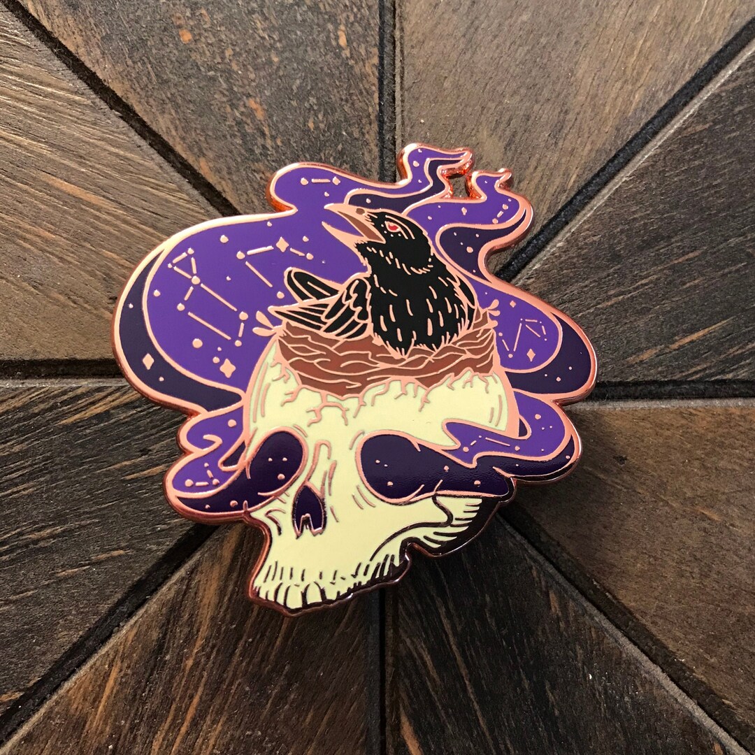 ENAMEL PIN: Night Raven, Raven Enamel Pin, Skull Pin, Skull Nest ...