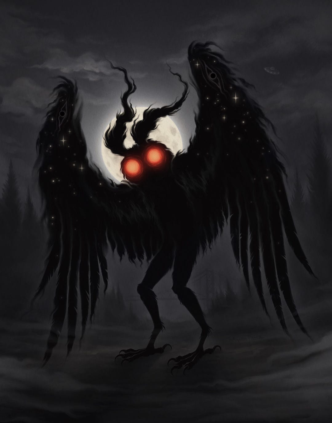Midnight Mothman - Mothman Illustration, Dark Art, Mothman Art, Cryptid Art, Paranormal Art ...
