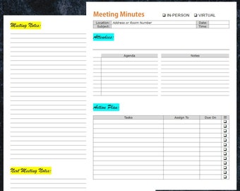 Meeting Minutes Template Planner, Digital Printable Planner, Undated ...