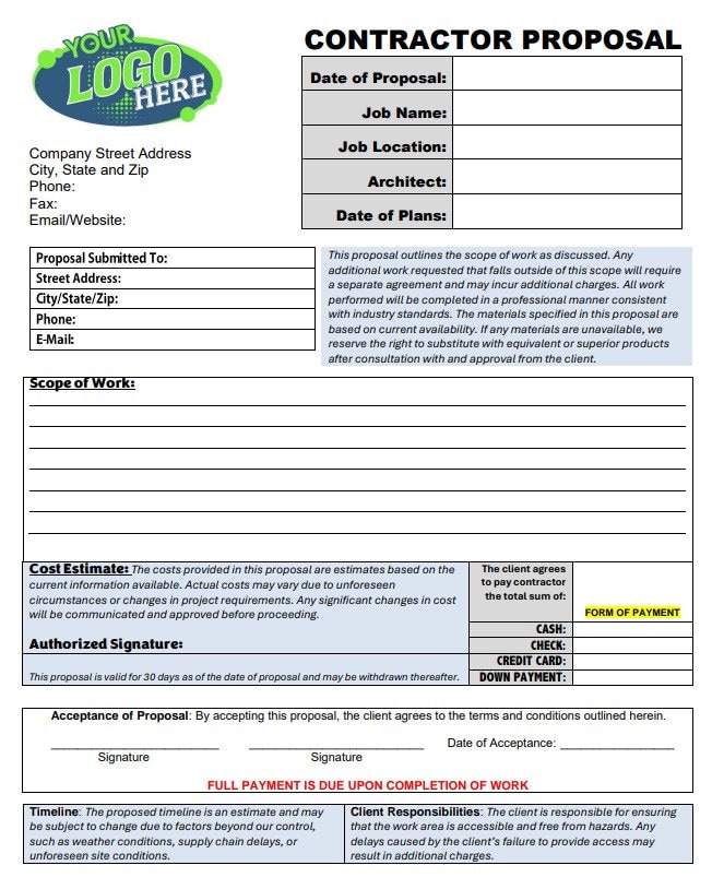 Professional Contractor Proposal Form Digital Download, Fully Editable ...